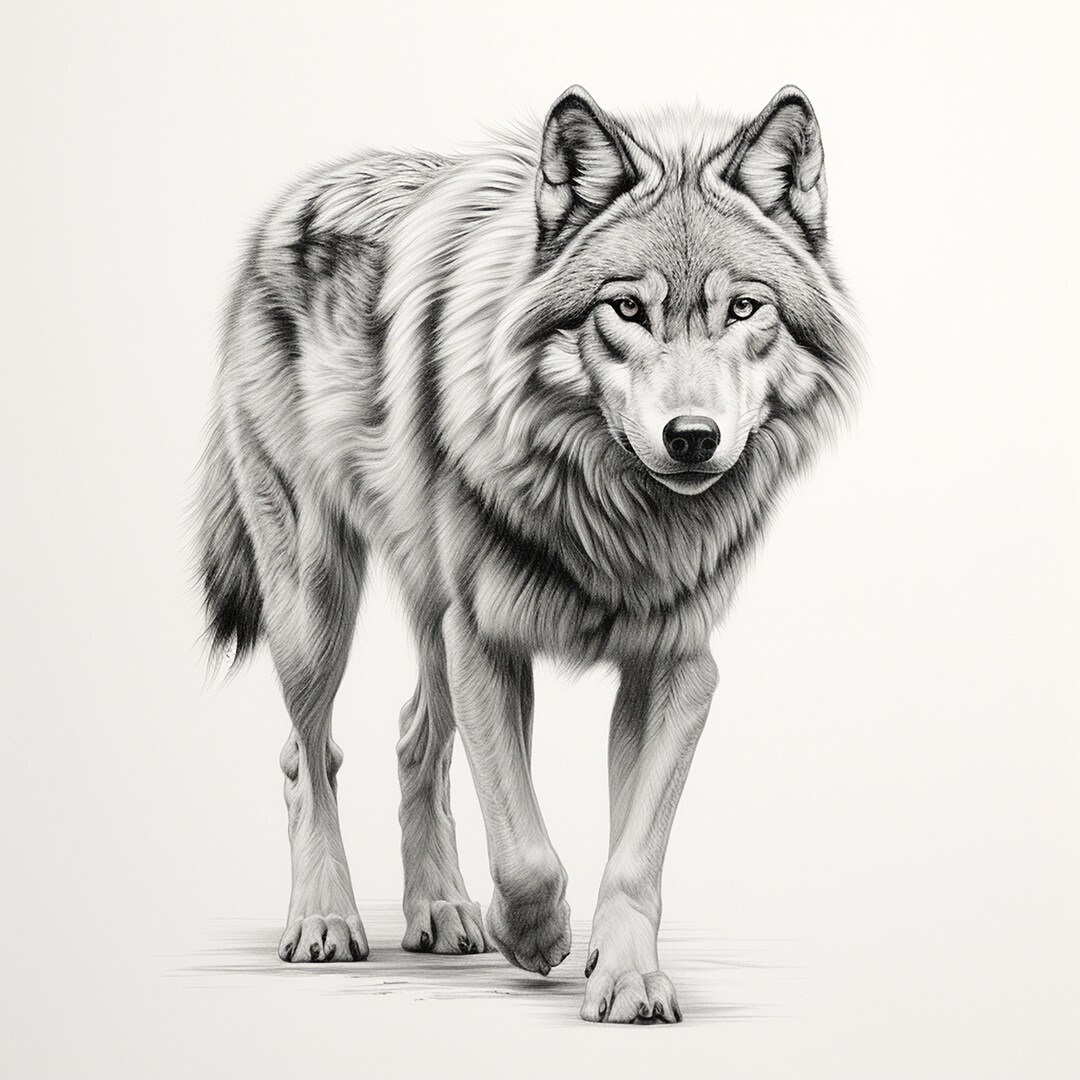 Wolf Fine Line Illustration, Printable Realistic Wildlife Animal Image ...