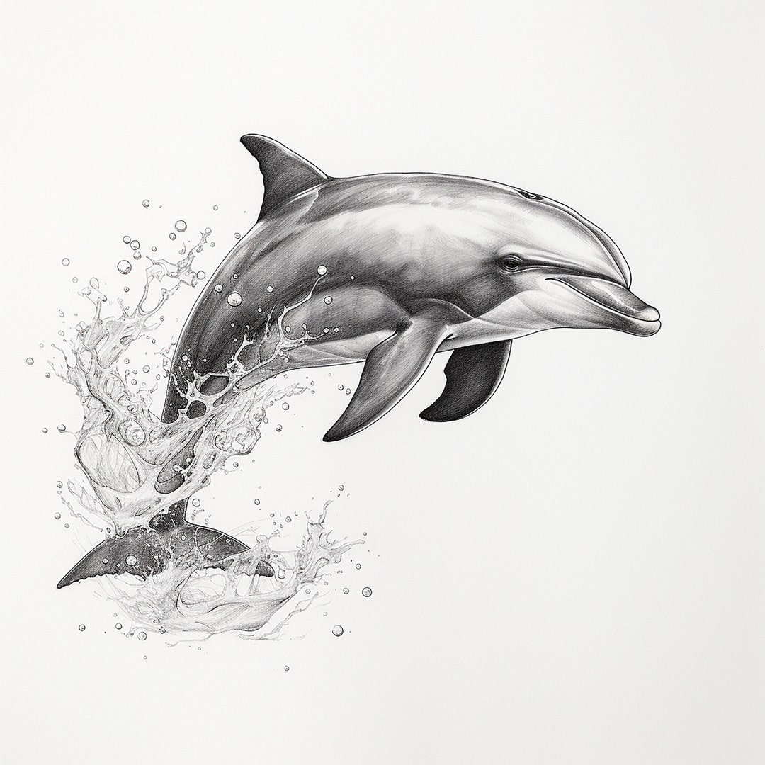 Dolphin Fine Line Portrait, Water and Ocean Animal Clip Art, Realistic ...