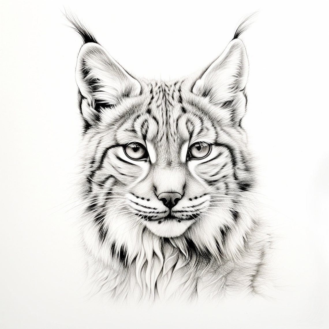 Bobcat Clip Art Illustration, Fine Black Line Wildlife Animal Portrait ...