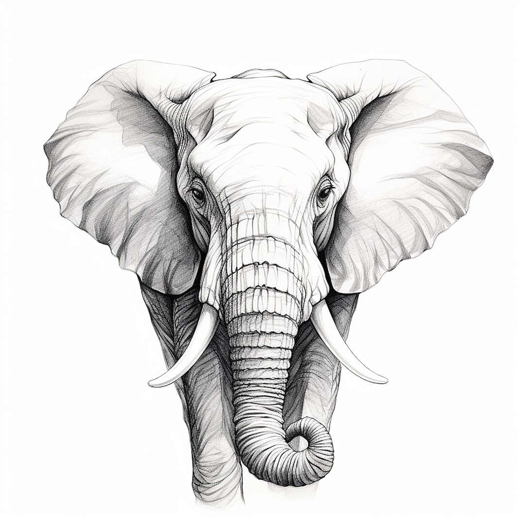 Elephant Fine Pencil Line Drawing, Realistic Wildlife Svg for Coloring ...