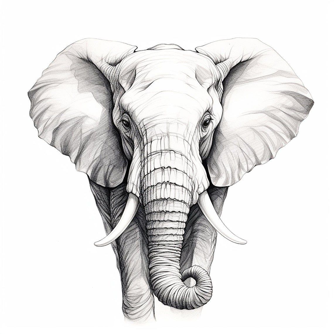 Elephant Fine Pencil Line Drawing, Realistic Wildlife Svg for Coloring ...