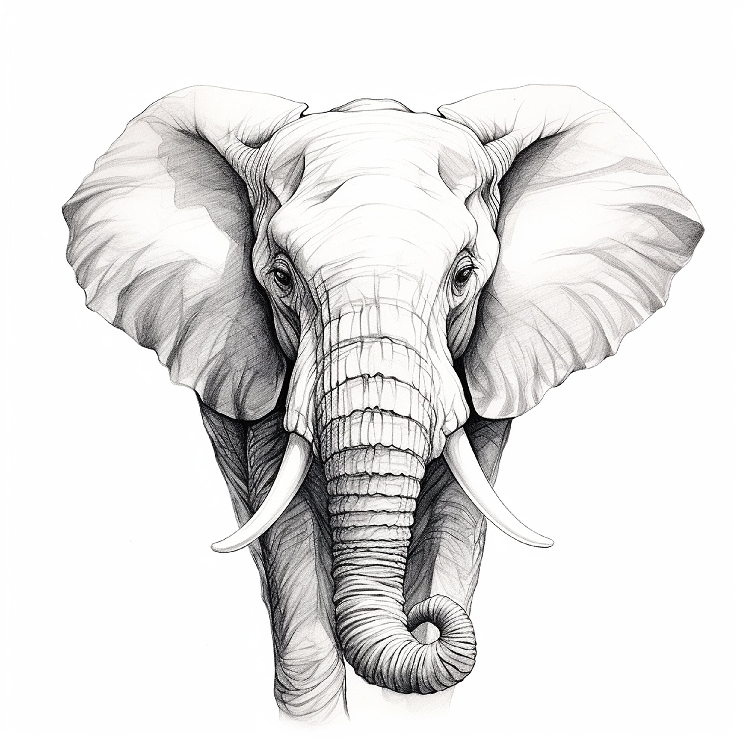 Elephant Fine Pencil Line Drawing, Realistic Wildlife Svg for Coloring ...