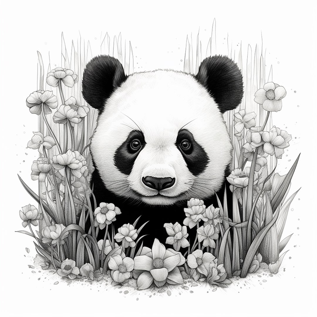 Panda and Flowers Fine Line Drawing, Printable Commercial Wildlife ...