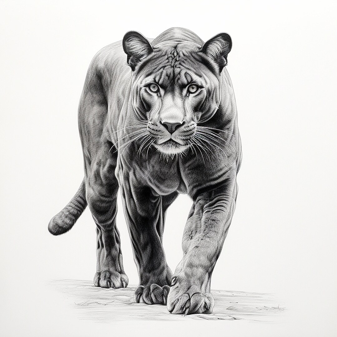 Panther Fine Line Wildlife Portrait, Printable Jaguar Illustration for ...