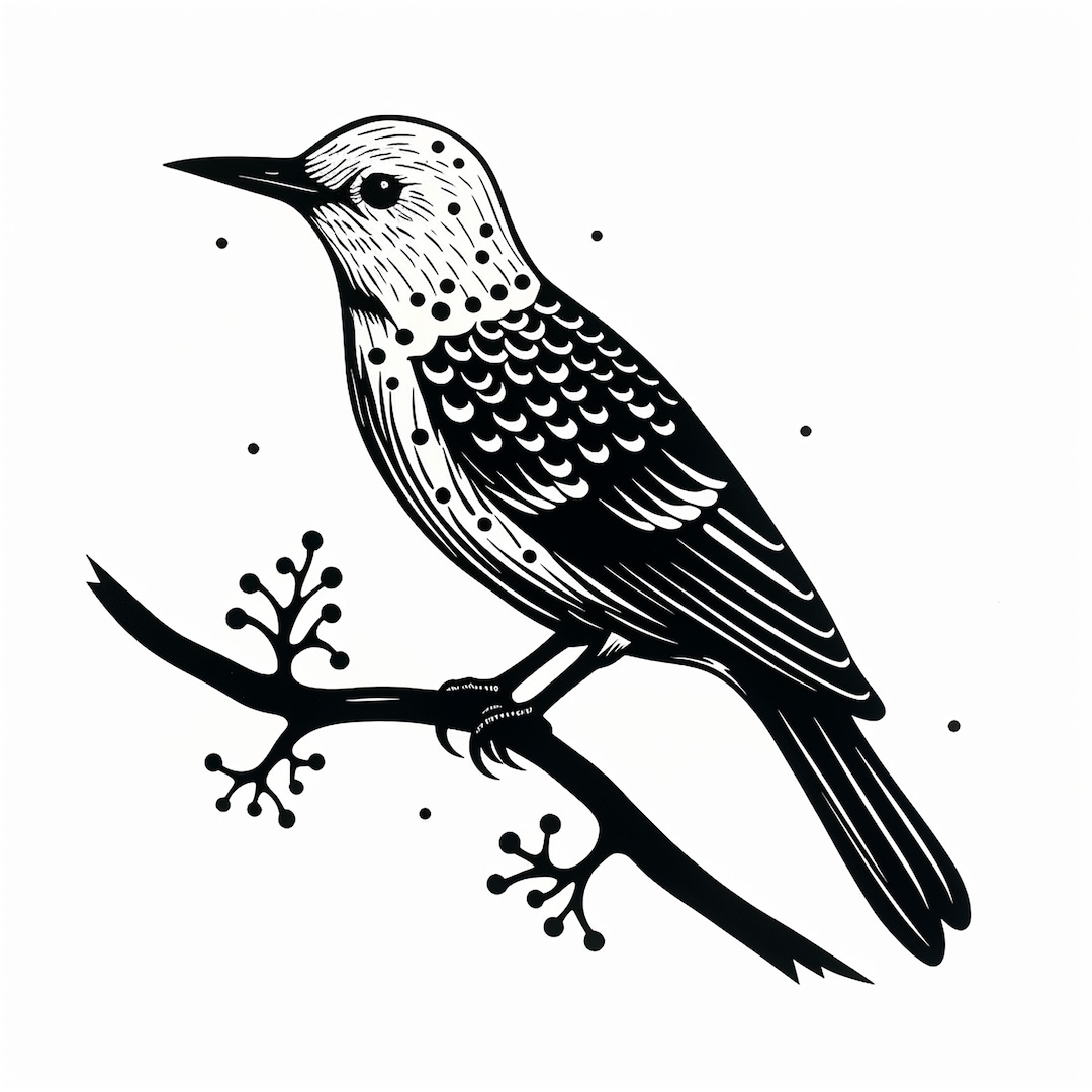 Starling Bird Image: Black Line Art, Stencil, Logo, Decal (digital ...