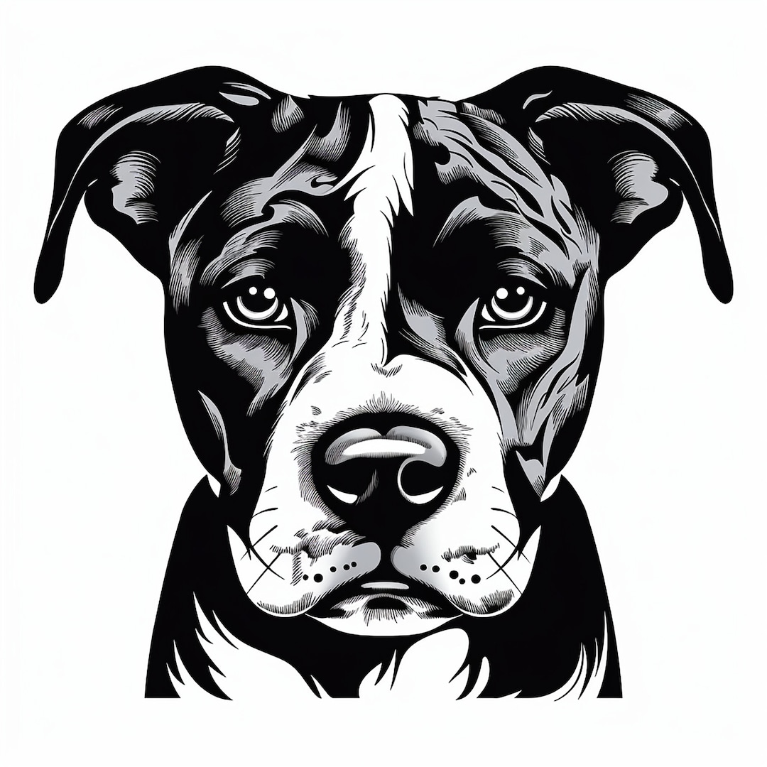 Pitbull Fine Black Line Dog Portraits, Printable Pet Clip Art for ...