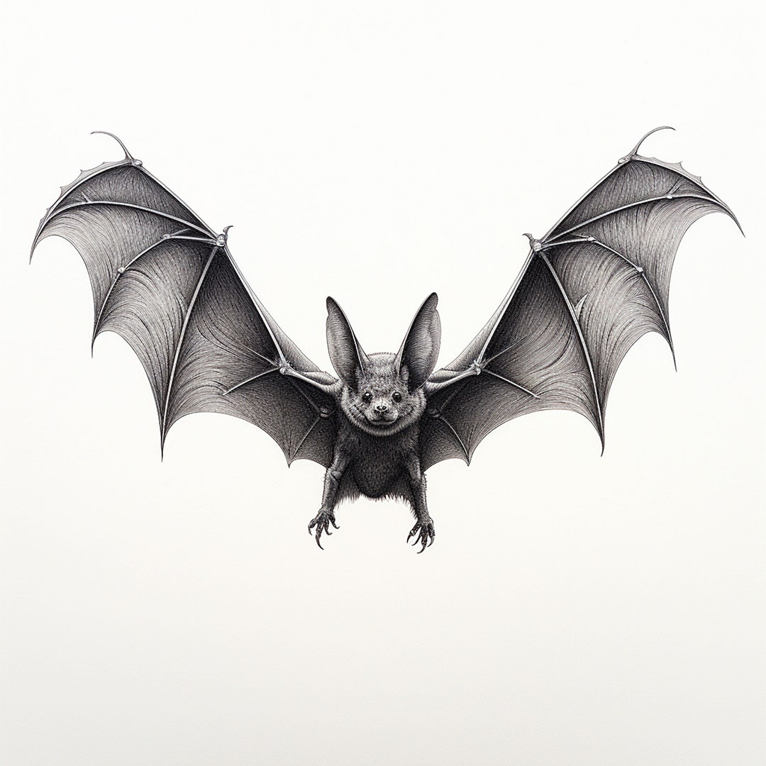 Flying Bat Fine Black Line Pencil Drawing, Printable Wildlife Animal ...
