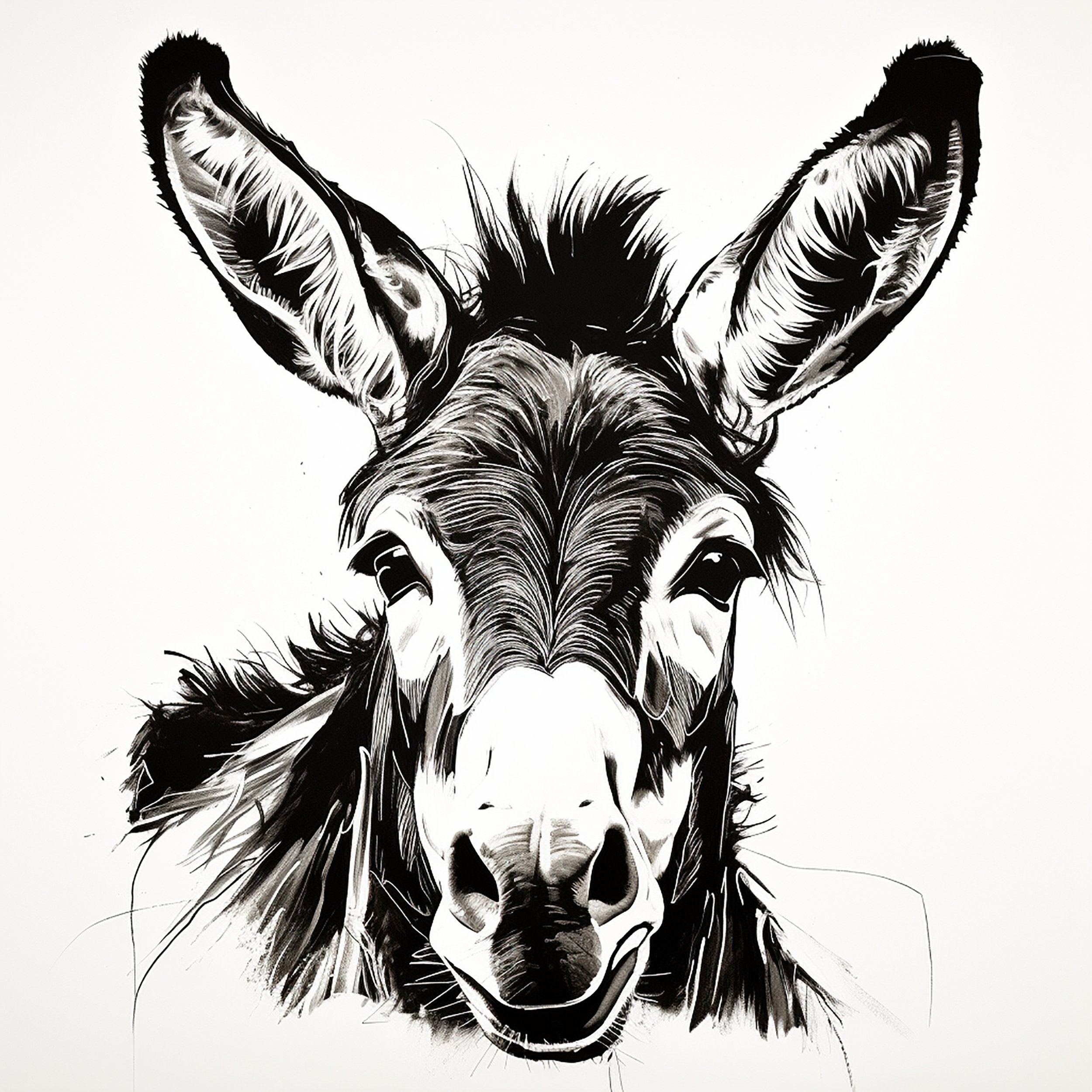 Donkey Fine Line Clip Art, Farm Animal Pet Portrait, Printable ...