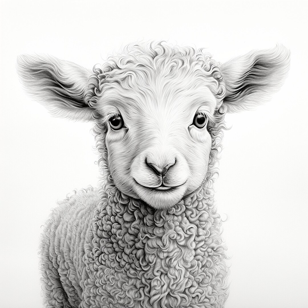 Sheep Baby Fine Line Portrait, Farm Animal Realistic Drawing, Printable ...