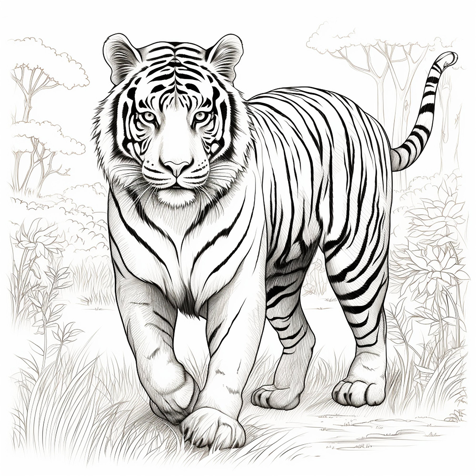 Siberian Tiger Solid Black Line Coloring Page, Printable Wildlife ...