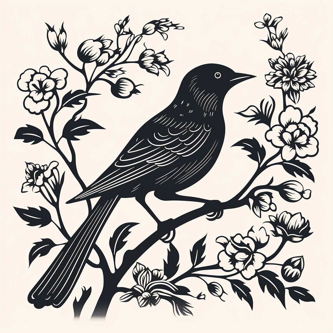 Nightingale Bird Clip Art: Black Line Stencil, Logo, Decal (digital ...