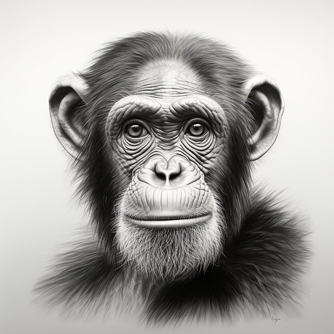 Chimpanzee Fine Line Portrait, Printable Monkey Wildlife Animal Decal ...