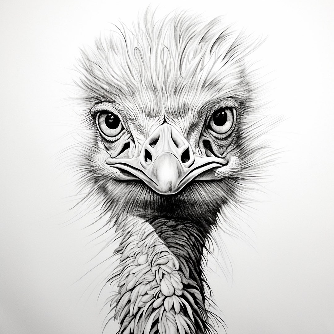 Ostrich Fine Line Wildlife Portait, Printable Realistic Bird ...