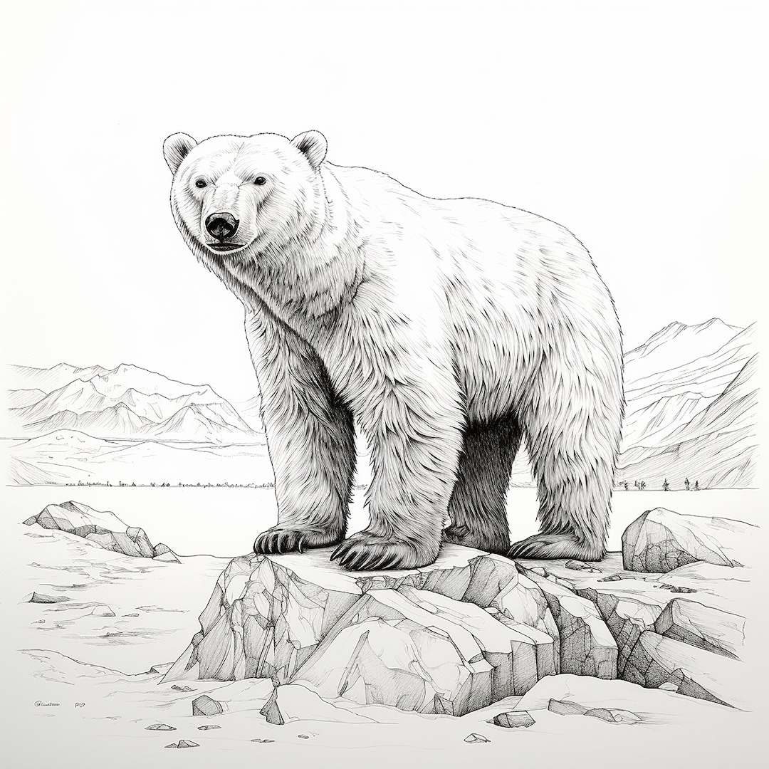 Polar Bear Fine Line Illustation, Arctic Animal Portrait Realistic ...