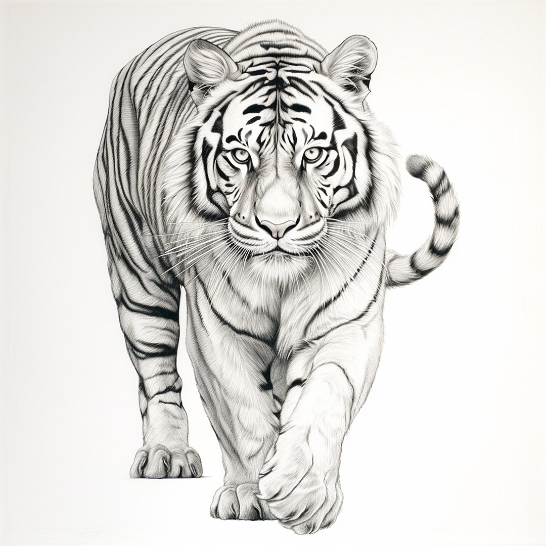 Tiger Fine Line Drawing Illustration, Clip Art for Printable Coloring ...