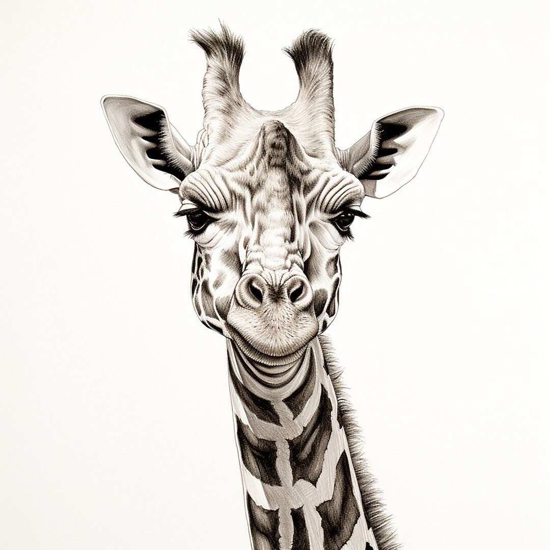 Giraffe Portrait Fine Line Drawing: Wildlife Animal Decal (digital ...