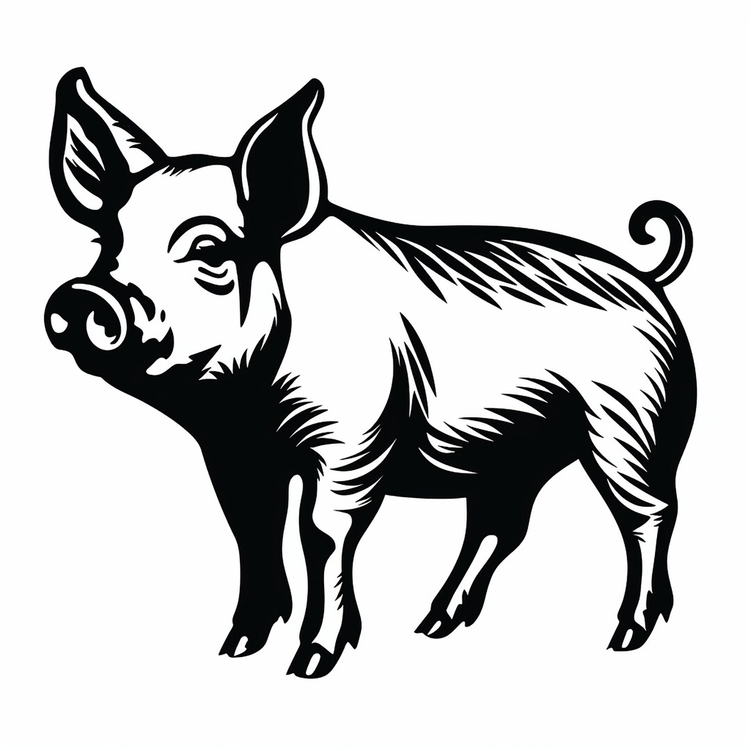 Pig Black Line Art Illustration: Farm Animal Clipart (digital Download ...