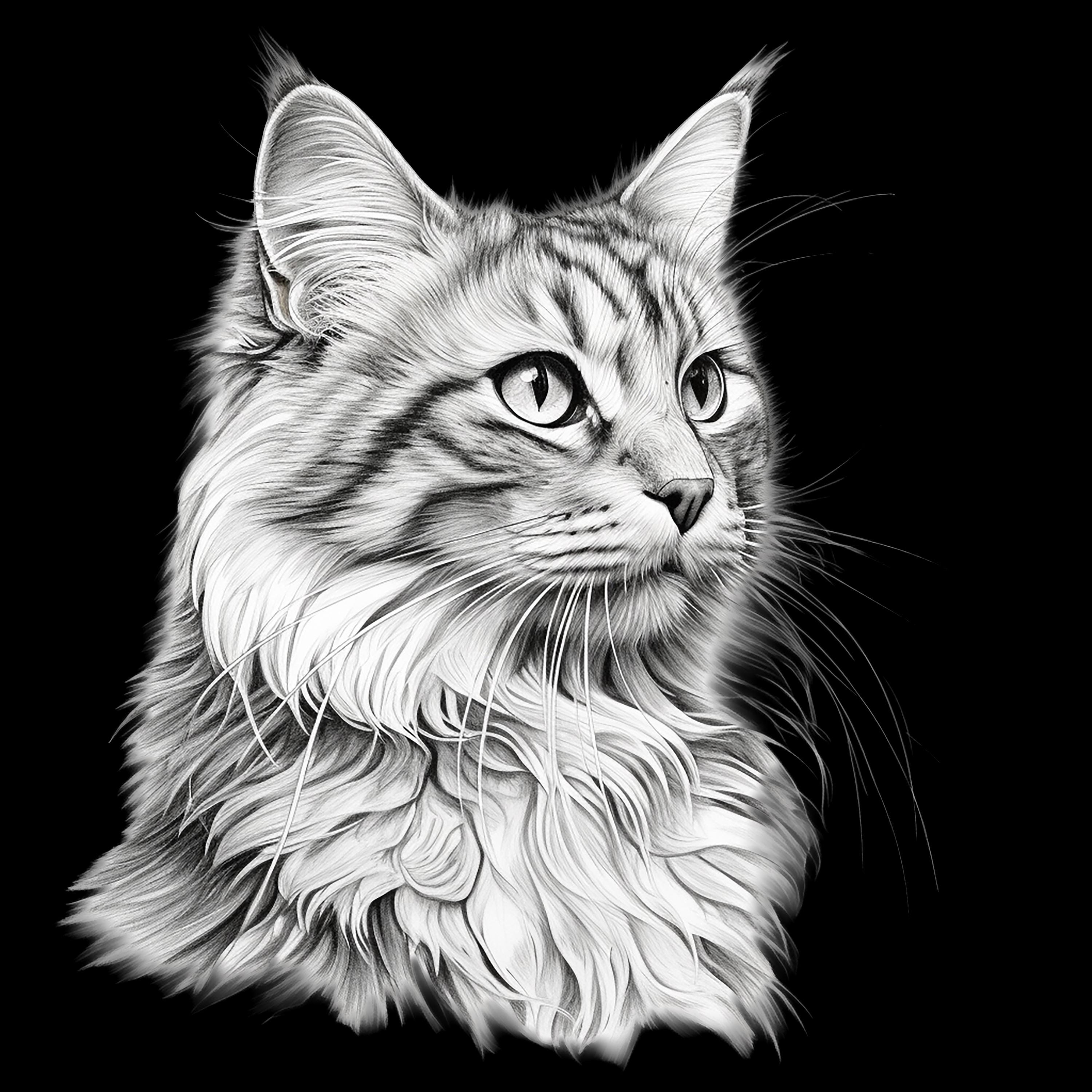 Siberian Cat Portrait: Fluffy Cat Drawing, Stencil, Logo (digital ...