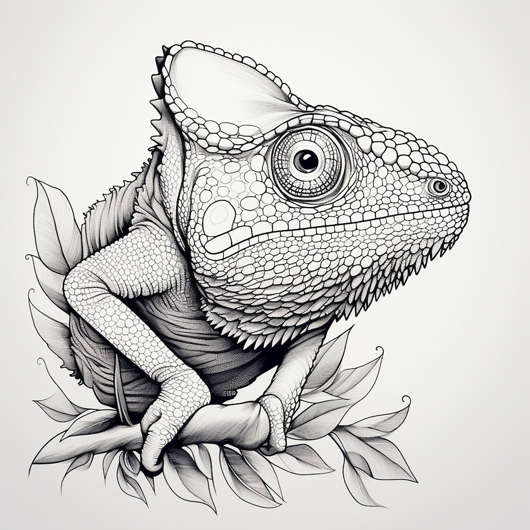 Chameleon Fine Line Clip Art Illustration, Printable Wildlife Animal ...