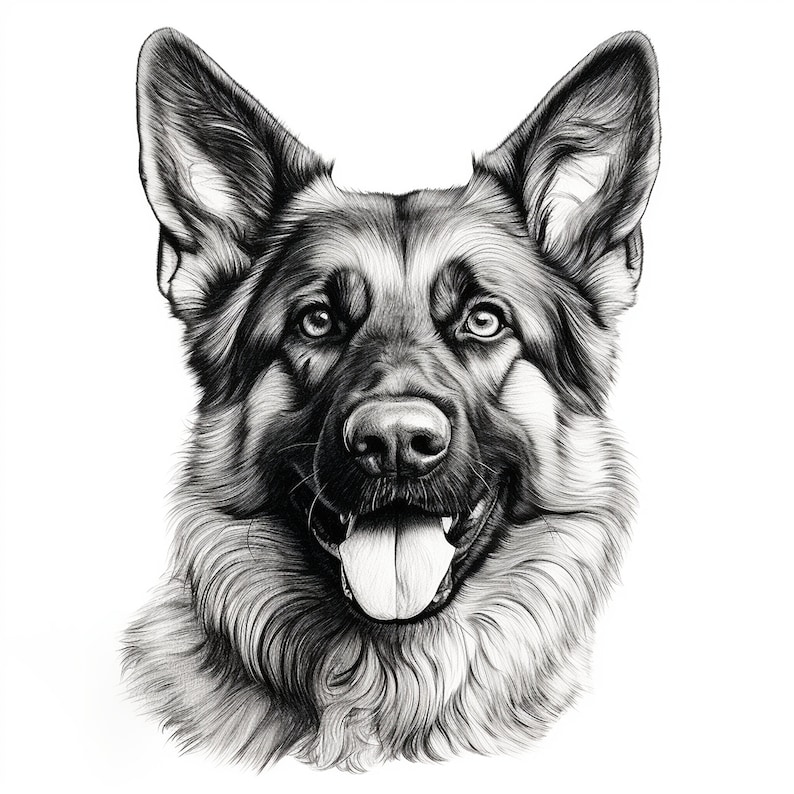 German Shepard Pet Portrait, Printable Fine Line Illustration, Dog ...