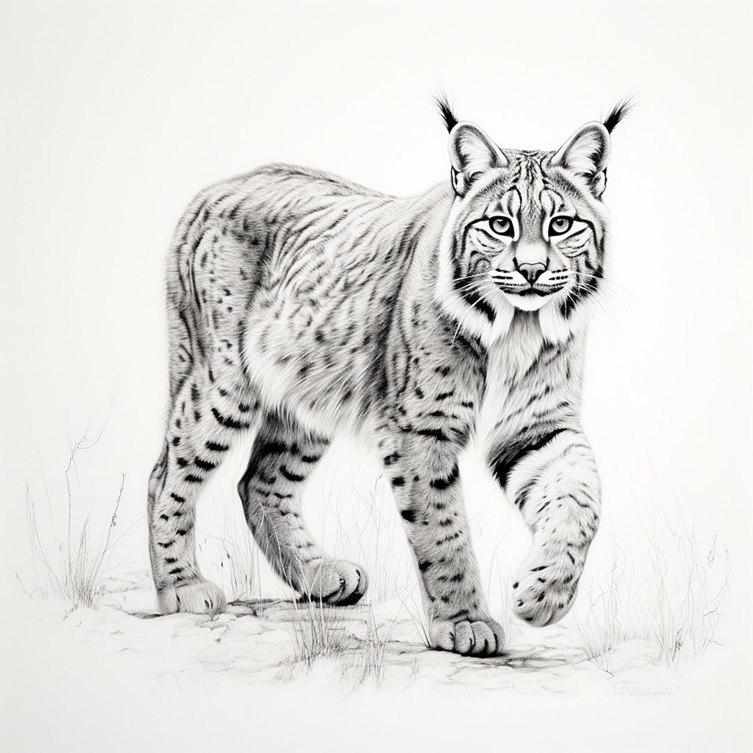 Bobcat Clip Art, Fine Black Line Wildlife Drawing, Printable Coloring ...