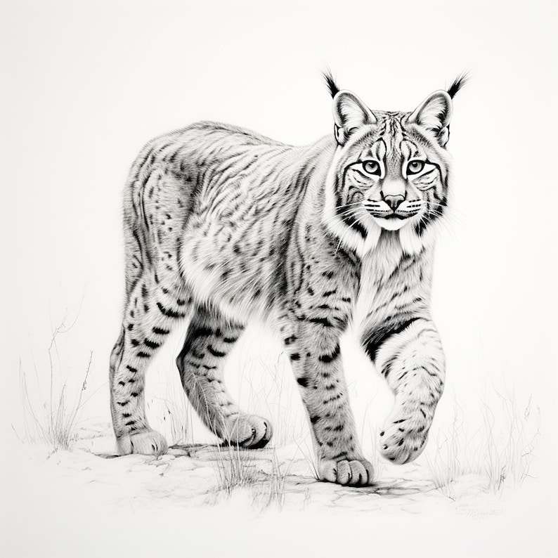 Bobcat Clip Art, Fine Black Line Wildlife Drawing, Printable Coloring ...
