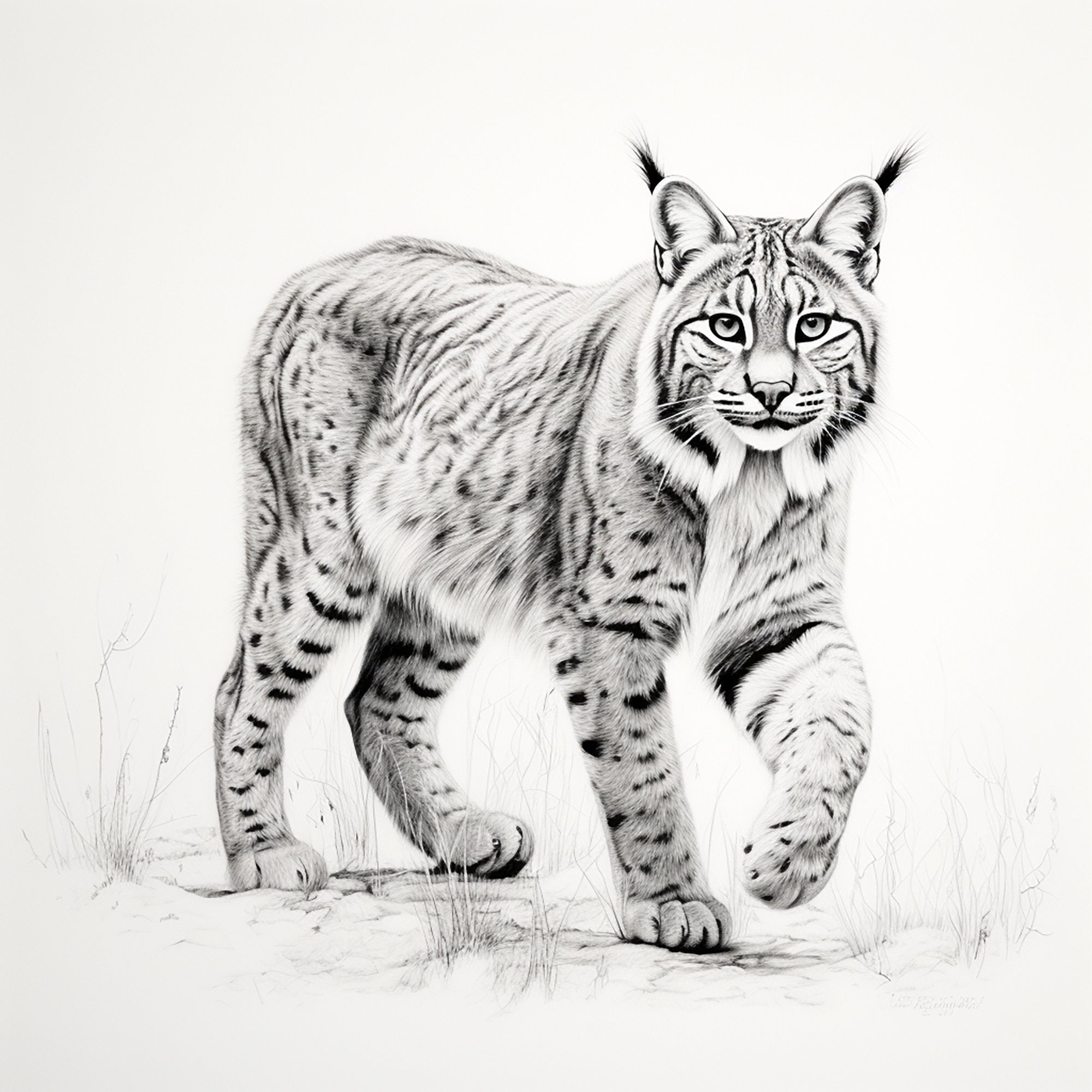 Bobcat Clip Art, Fine Black Line Wildlife Drawing, Printable Coloring Page, Sticker, Stencil ...
