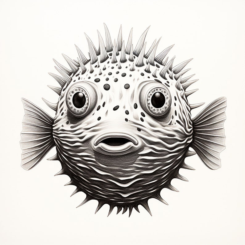 Pufferfish Fine Line Pencil Drawing, Printable Comercial Ocean Animal ...
