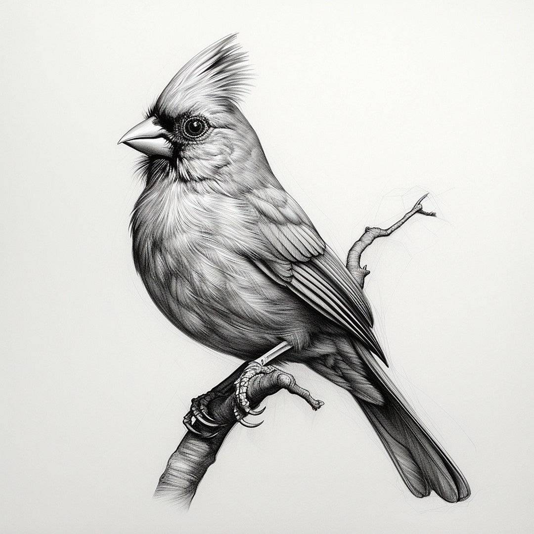 Cardinal Pencil Sketch: Fine Line Bird Clipart (PNG, JPEG Digital ...