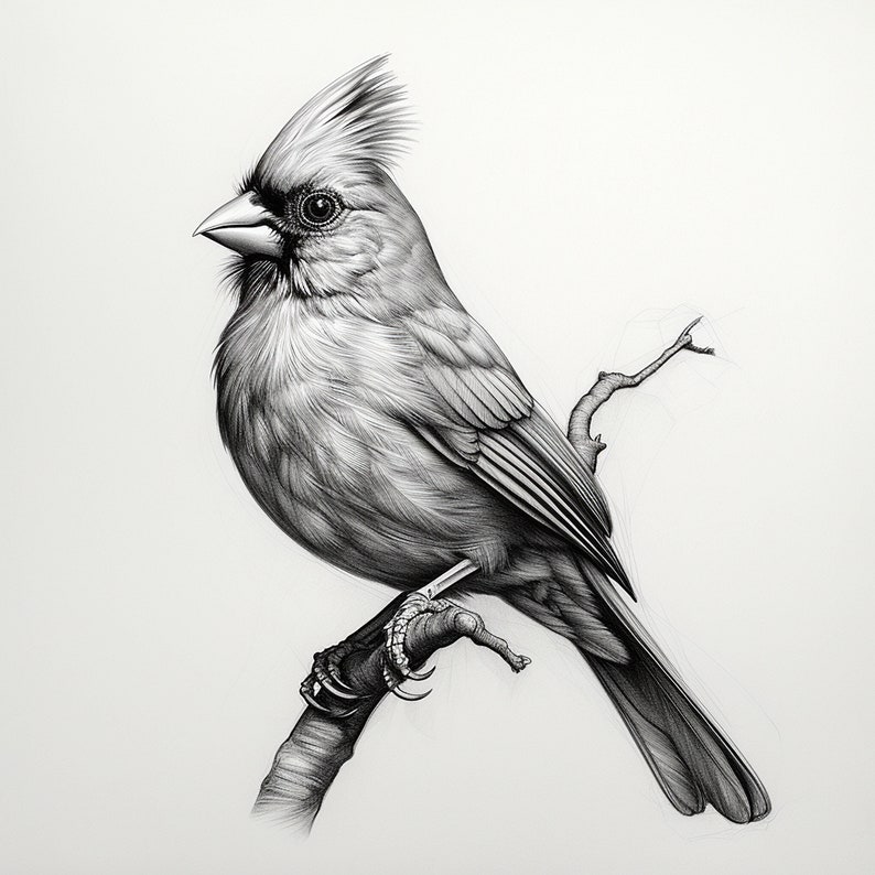 Cardinal Pencil Sketch: Fine Line Bird Clipart (PNG, JPEG Digital ...