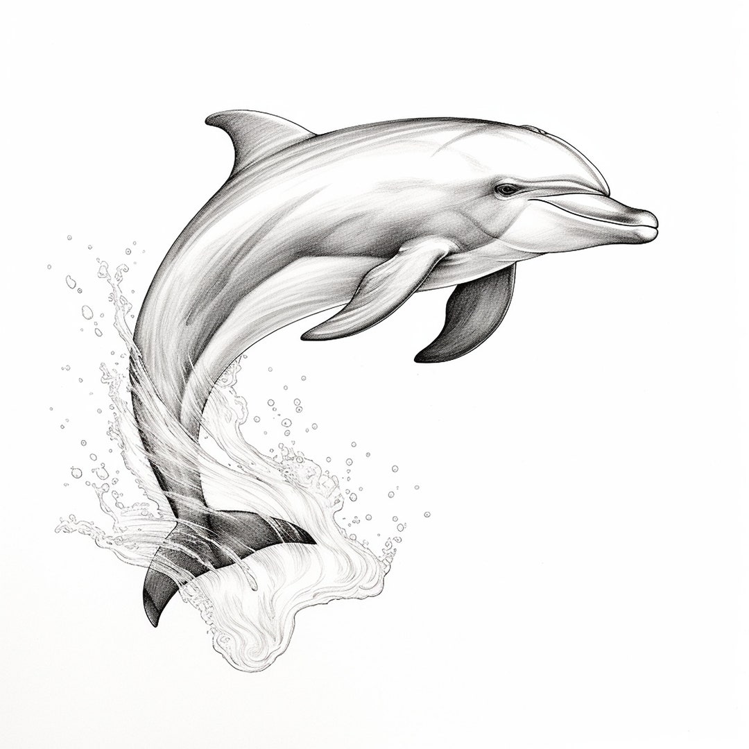 Dolphin Fine Line Drawing Clip Art, Ocean Wildlife Realistic ...