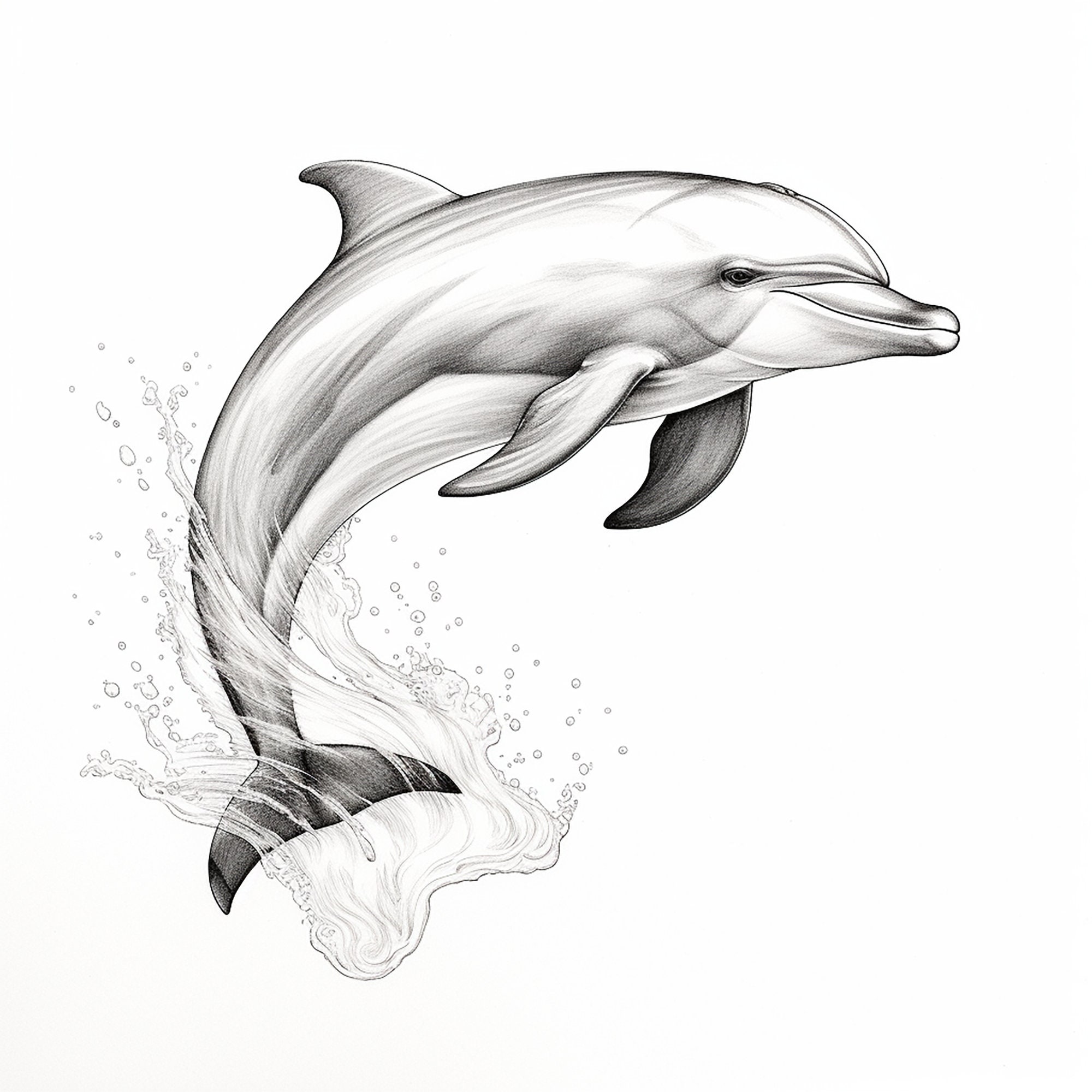 Dolphin Fine Line Drawing Clip Art, Ocean Wildlife Realistic ...