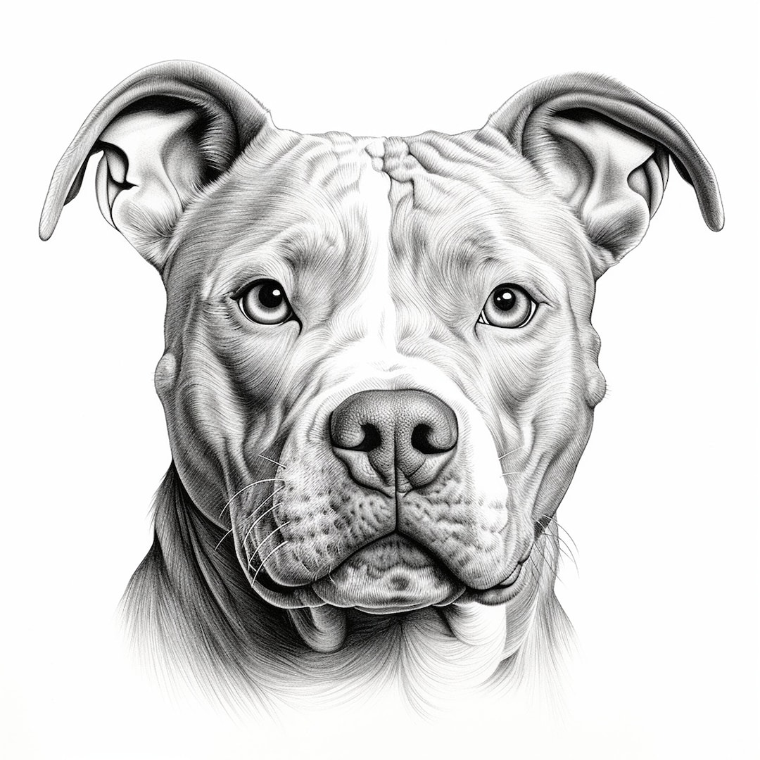 Pitbull Portrait Drawing: Stencil, Tattoo, or Coloring Page (digital ...