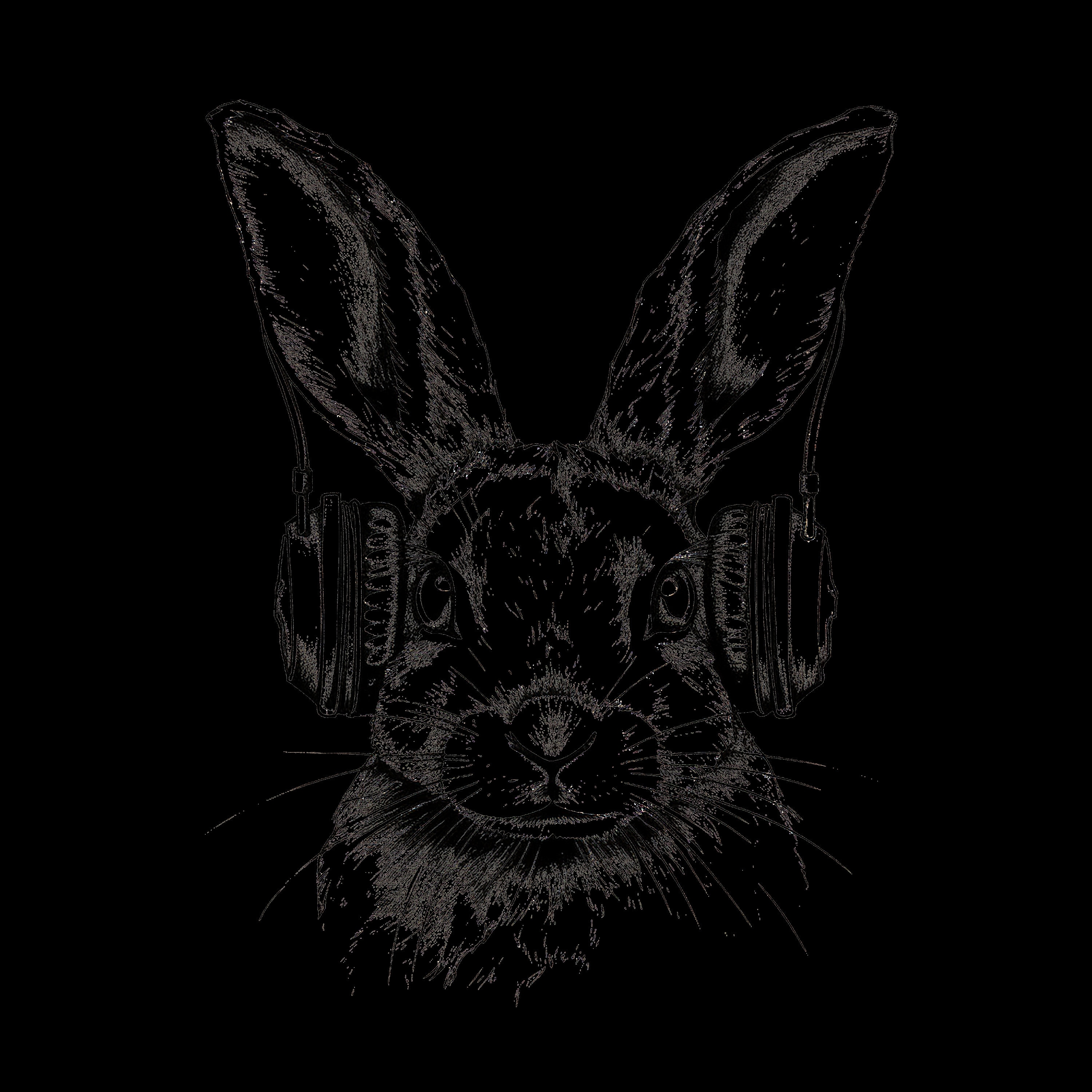 Rabbit Wearing Headphones Clip Art Illustration. Fine Line Pencil ...