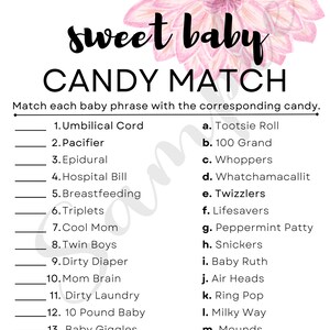 Candy Match Baby Girl Shower Game Digital Download - Etsy