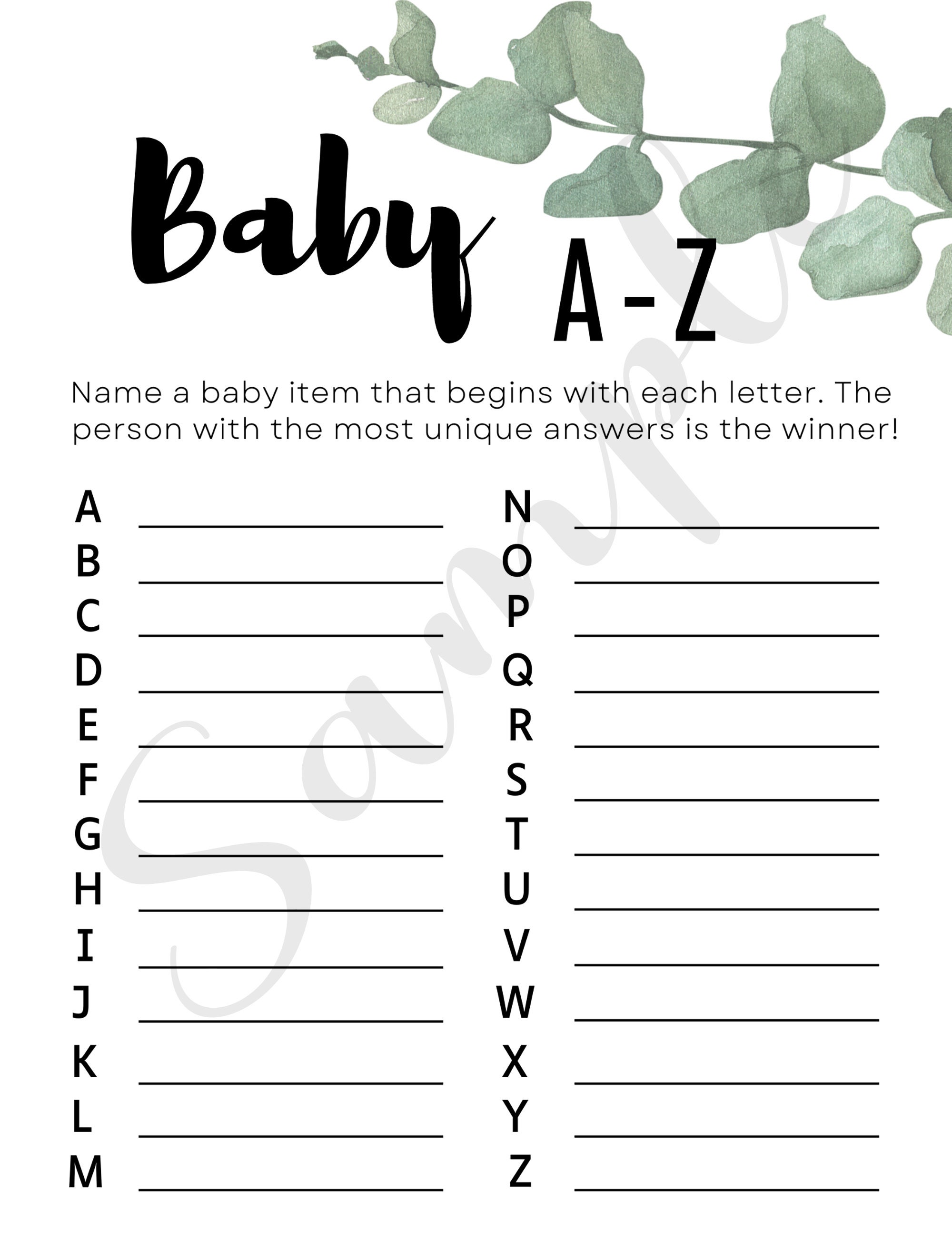 A-Z Baby Shower Game Digital Download - Etsy