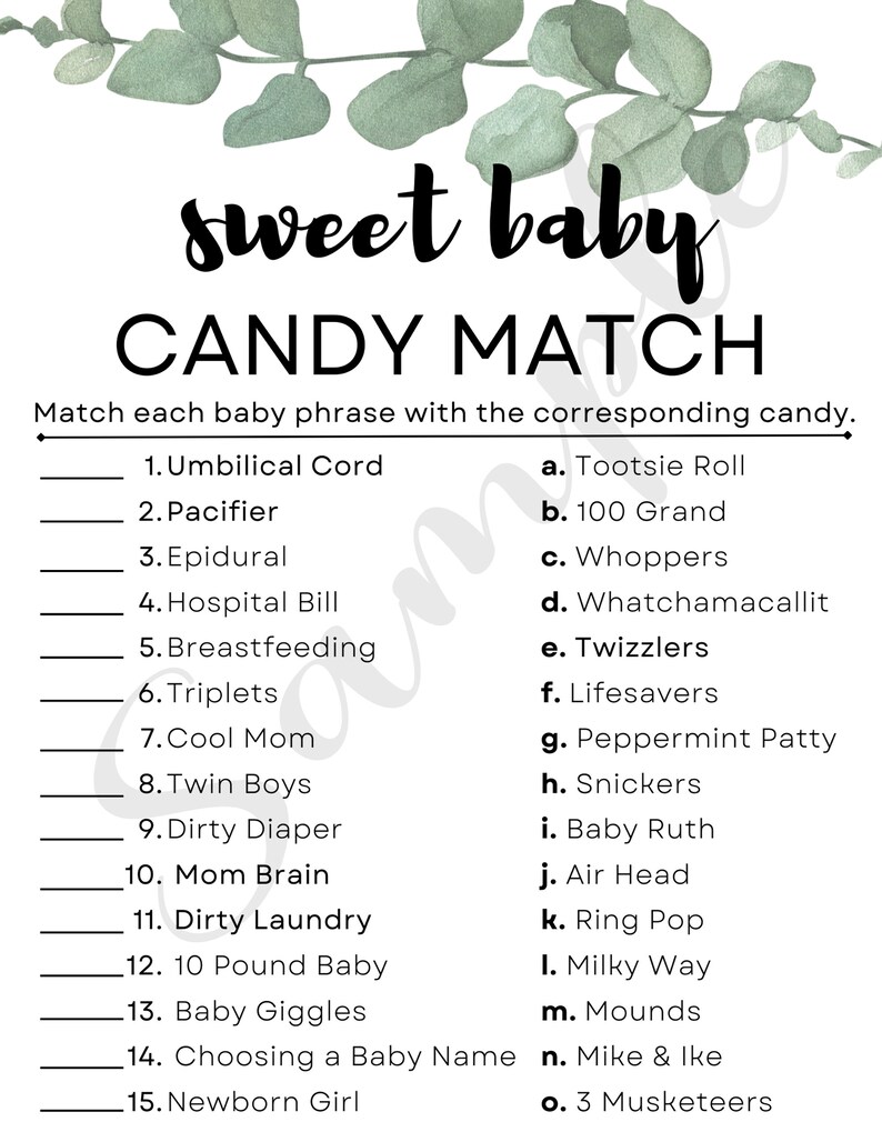 Candy Match Baby Shower Game Digital Download - Etsy