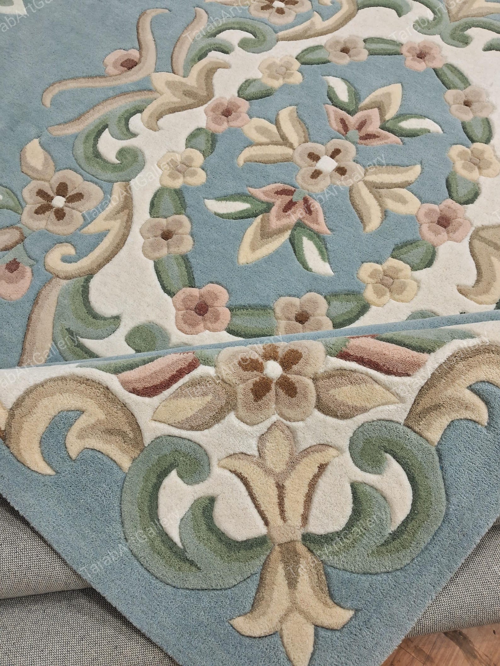 10x13 Hand Tufted Wool Area Rug: Floral Abushan Design, Blue Ivory Home ...