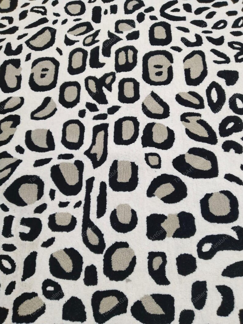 Hand Tufted Leopard Rug White Black and Blue Area Rug Handmade Wool ...