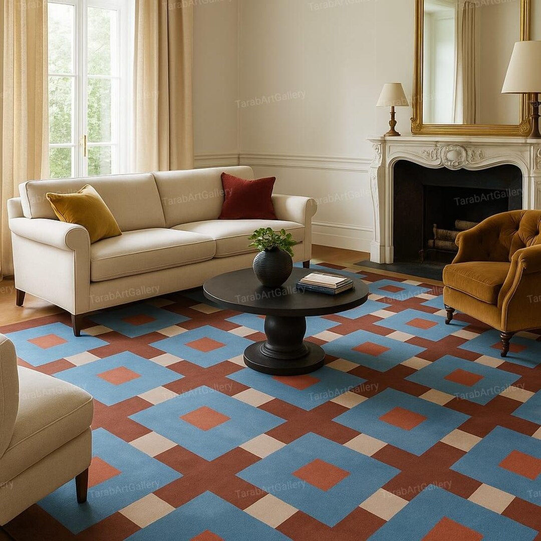 Geometric Wool Area Rug: Modern Blue, Brown, Rust - Etsy