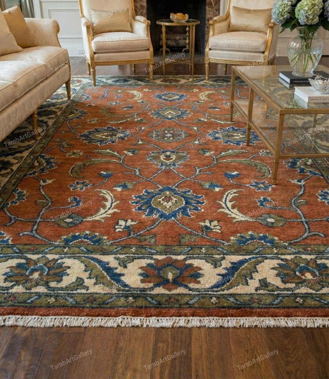 Traditional Wool Rug, Hand Knotted Area Carpet, Vintage Style Rust ...