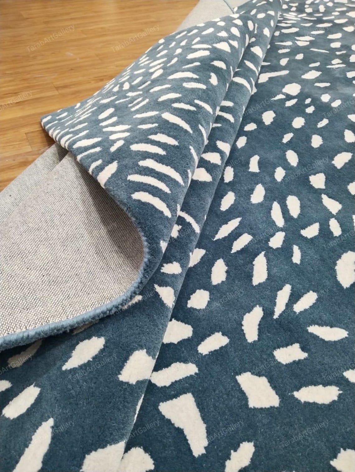 Polka Dots Area Rug Medium Blue and White Wool Rug Handmade Polka Dots ...