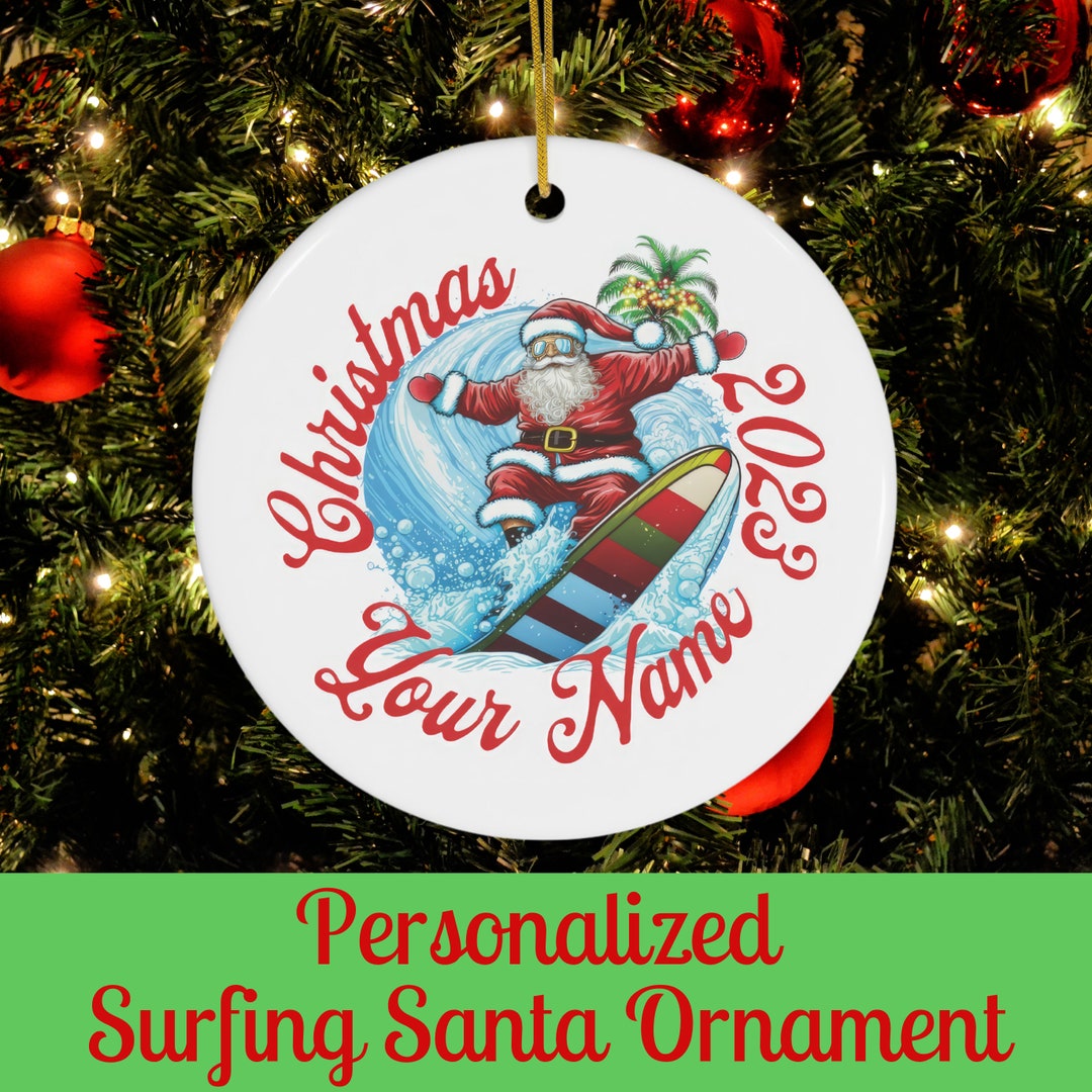 Surfing Santa Custom Christmas Tree Ornament Family Vacation Christmas ...