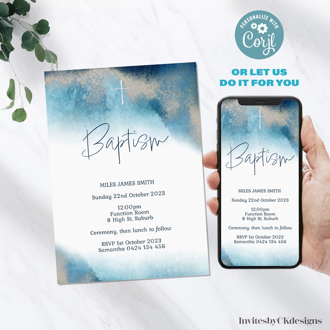 Baptism Invitation for Baby Boy. Blue and Gold Watercolor. Custom Made ...