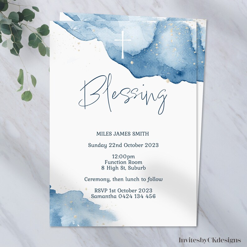 Blessing Invitation Featuring a Blue Watercolor Design and a Cross for ...