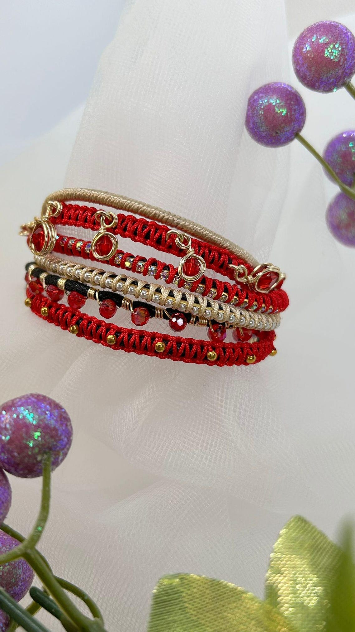 Handmade Red Button Bracelet – Multilayer Design With Gold Hematite - Etsy