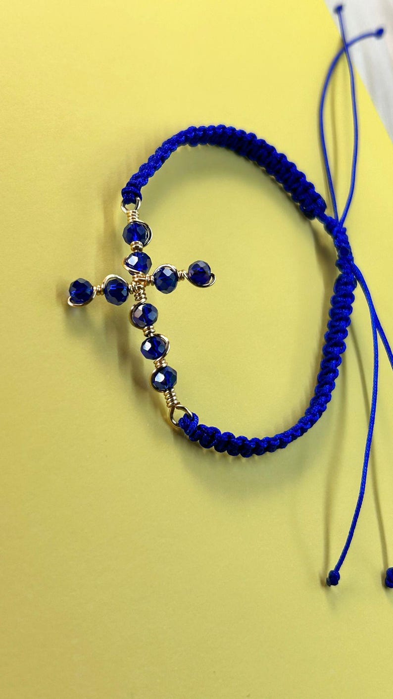 Blue Macrame Bracelet With Gold Cross and Crystals Adjustable ...
