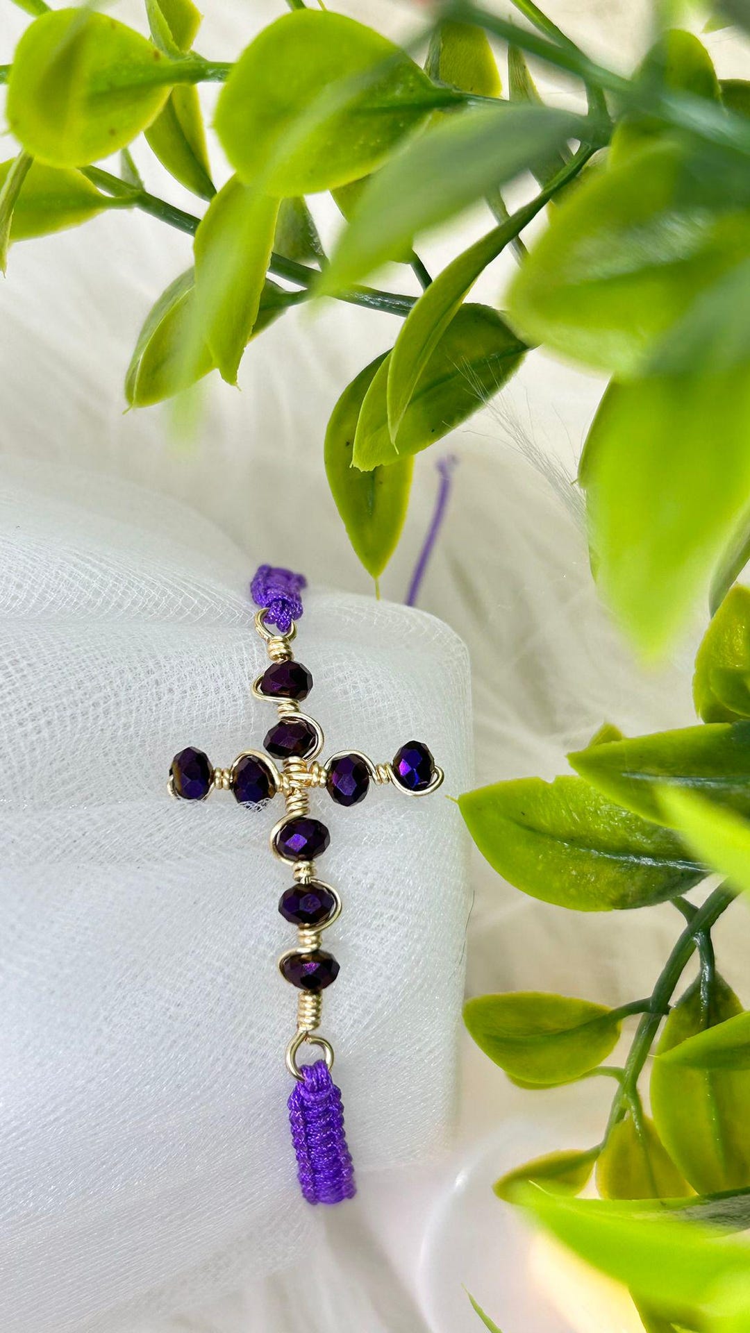 Purple Macrame Bracelet With Gold Cross and Faceted Crystals ...