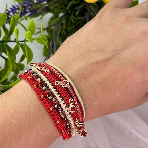 Handmade Red Button Bracelet – Multilayer Design With Gold Hematite - Etsy