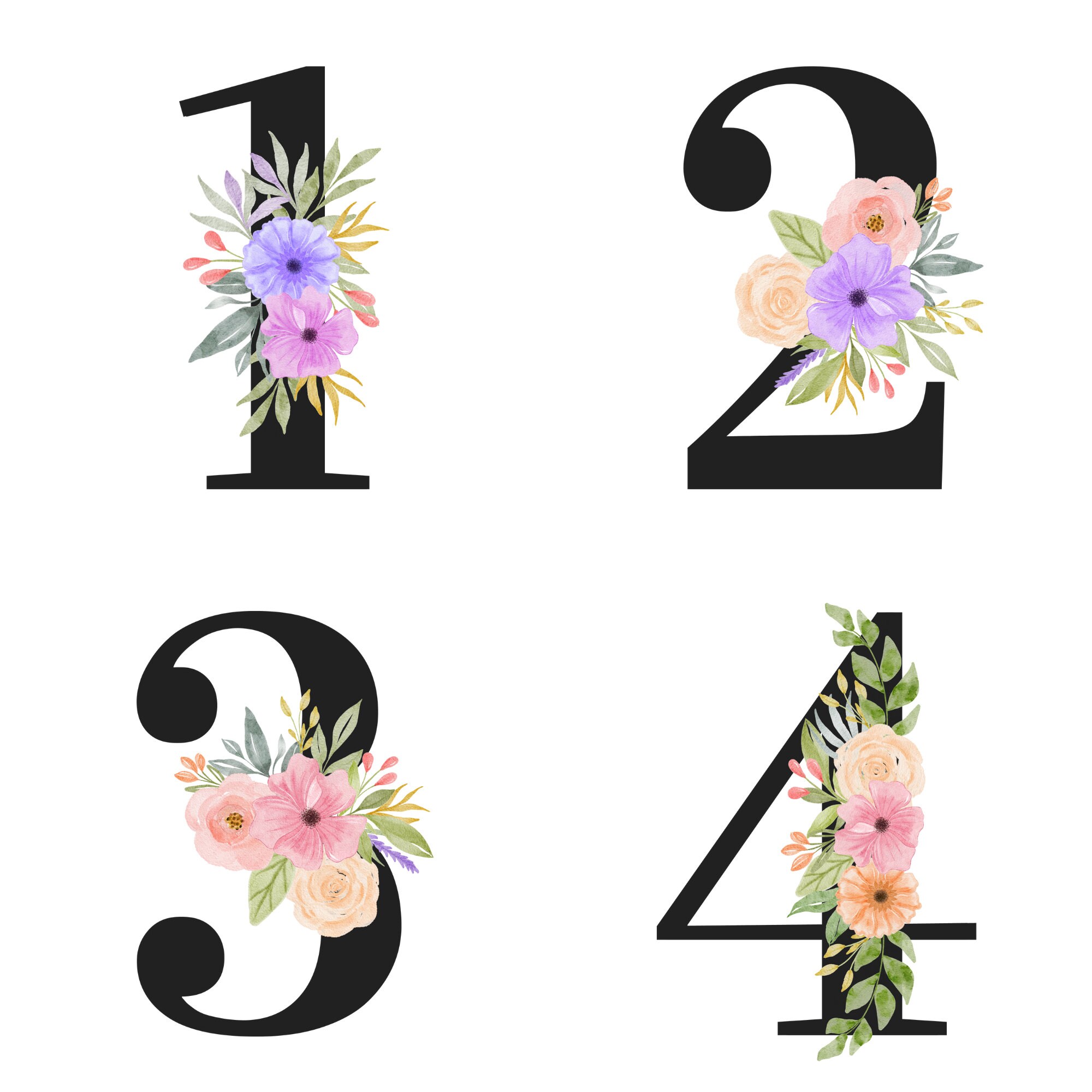 Romantic Floral Alphabet and Numbers Clipart, Watercolor Floral ...